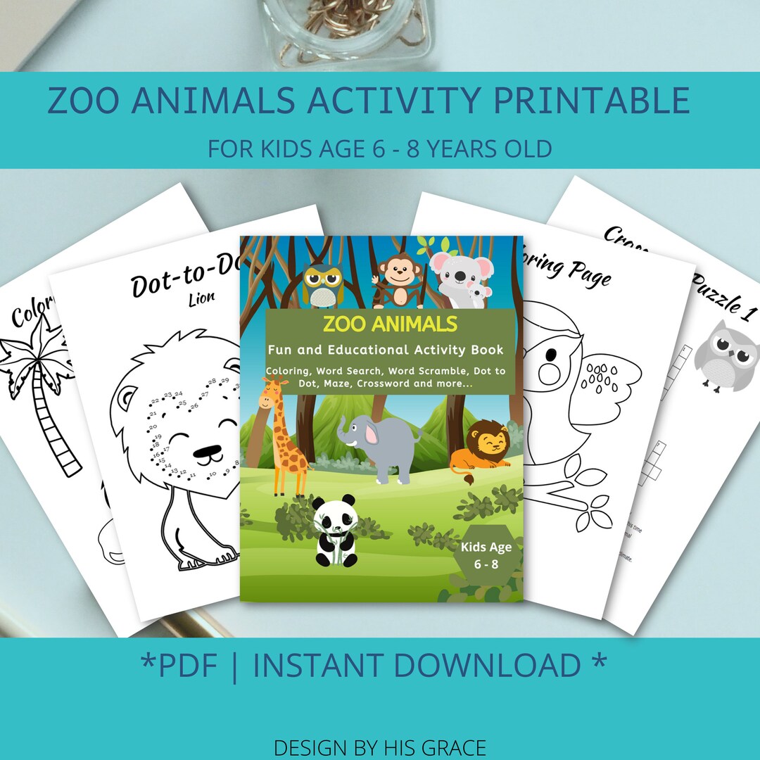 Zoo Animals Activity Printable for Kids Ages 6-8: Coloring, Word Search ...