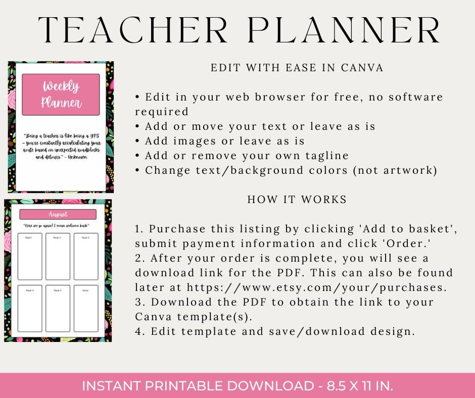 EDITABLE Teacher Planner Floral Design Canva PDF Lesson Planner Class ...