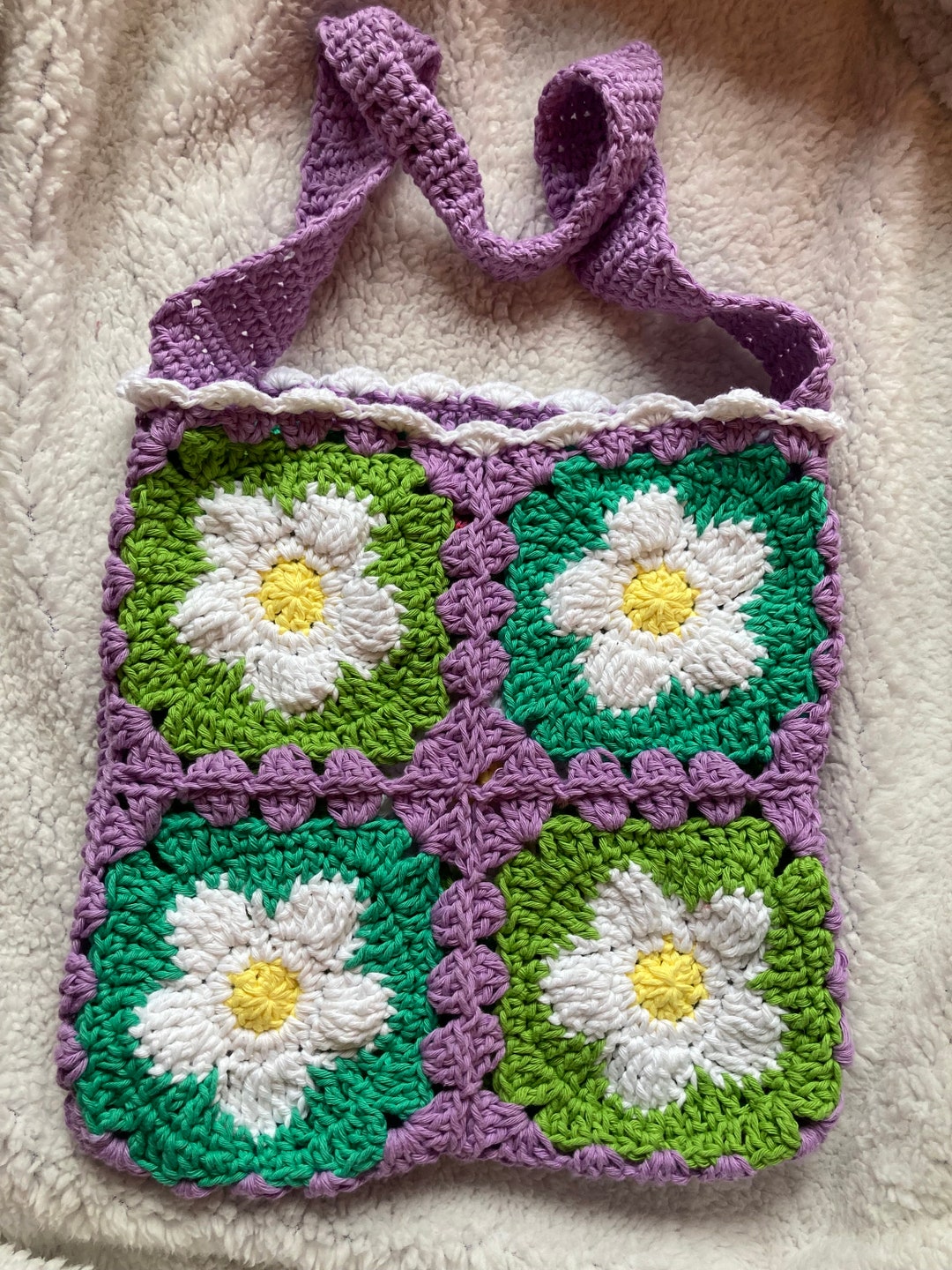 Crochet Daisy Granny Square Tote Shoulder Bag in Spring Greens and ...
