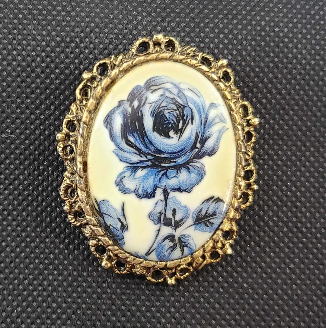 Vintage Rose Flower Brooch Pin | Blue Floral Brooch | Cameo Style ...