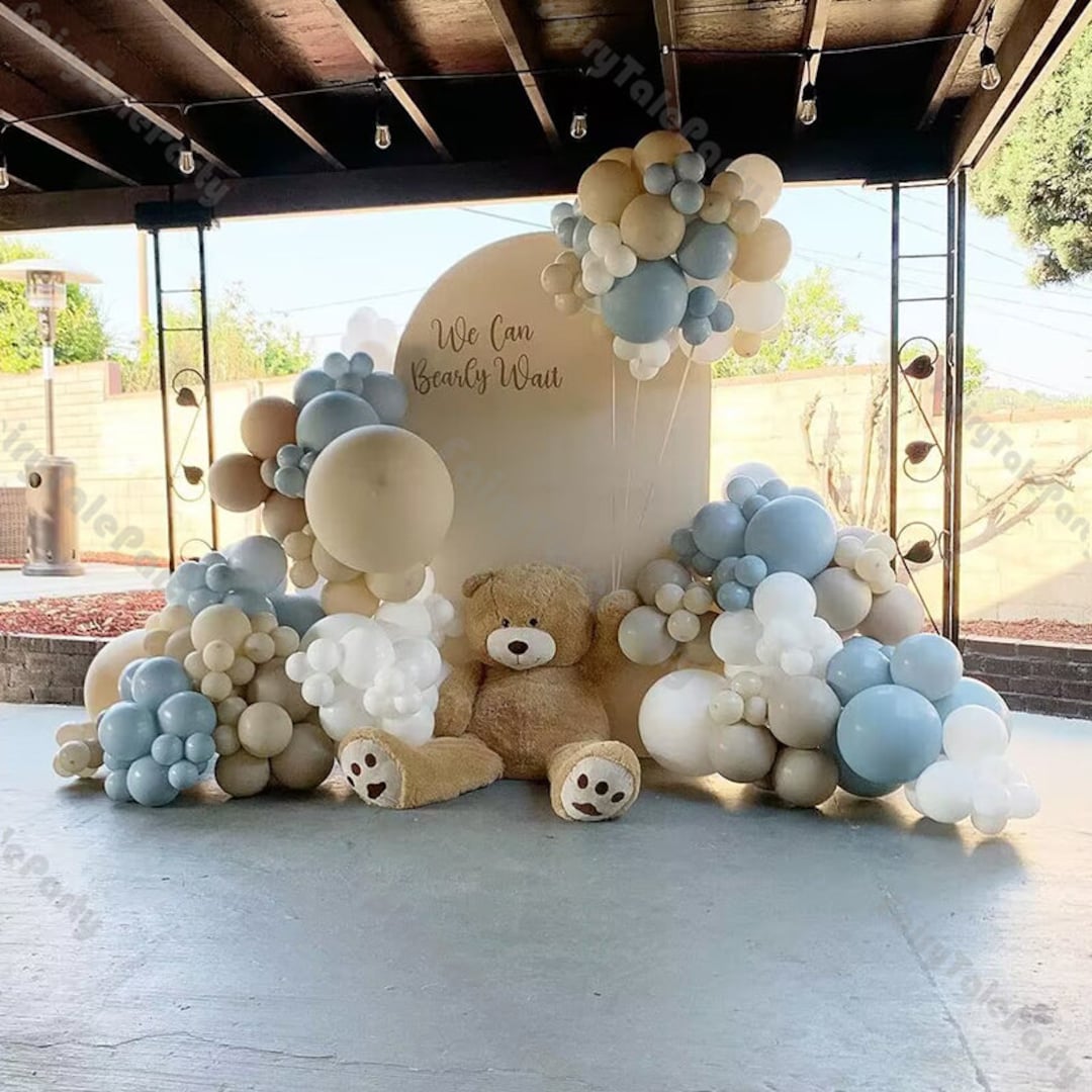 162pcs Teddy Bear Balloons Garland Kit Pastel Blue White Beige Balloon ...