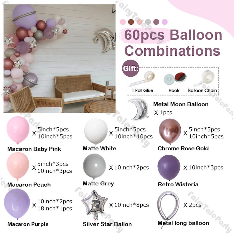60pcs Galaxy Themed Party Pastel Balloon Garland Kit Moon Star Balloons ...