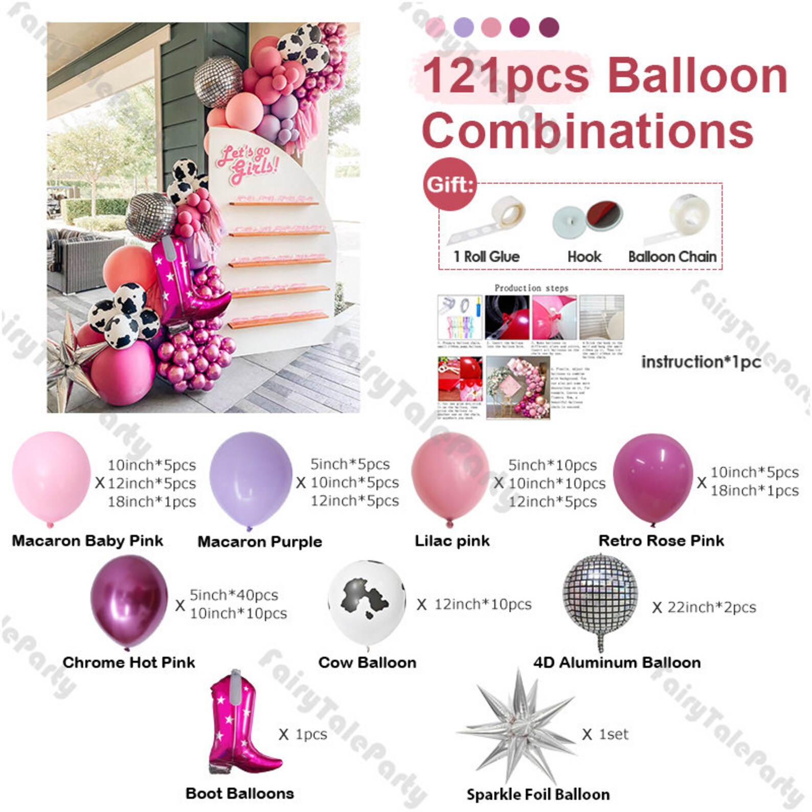 121pcs Cow Girls Party Balloons Garland Kit Pink Purple Boot Foil ...