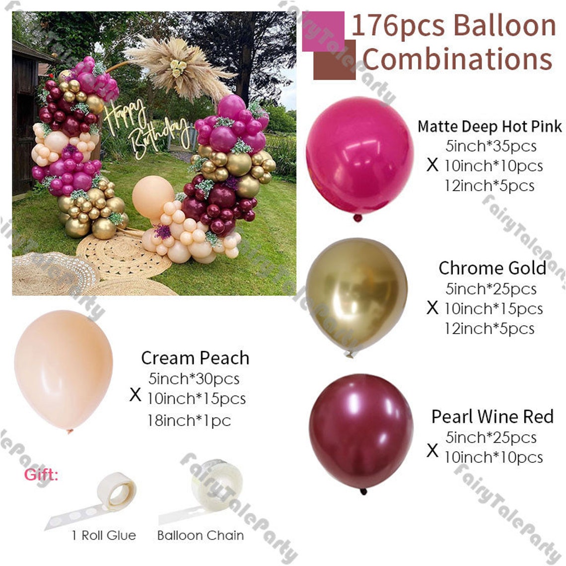 176pcs Hot Pink Pearl Wine Red Balloons Garland Arch Birthday - Etsy