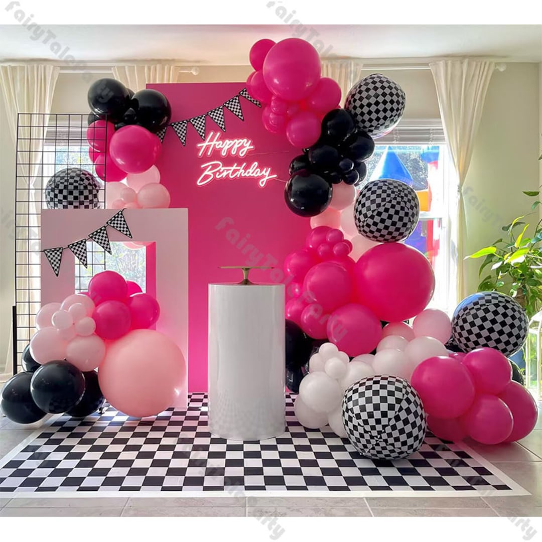 127pcs Matte Hot Pink Black Checkered Balloons Garland Arch Set Race ...
