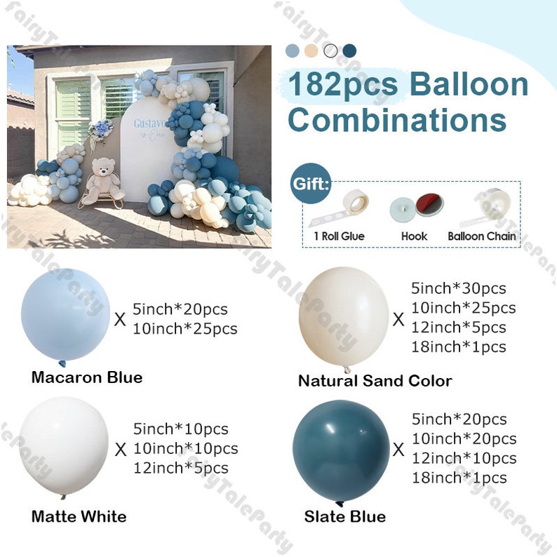 122/182pcs Dusty Blue Grey Balloon Garland Kit Macaron Beige Sand White ...