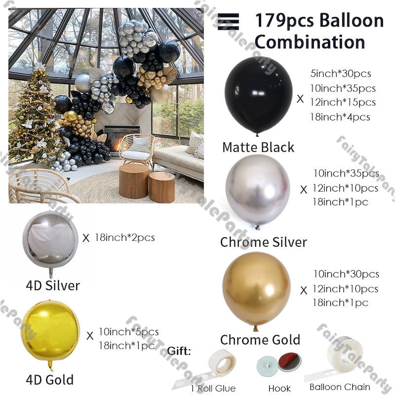 179pcs Balloon Garland Arch&kit Black Gold Chrome Balloons - Etsy