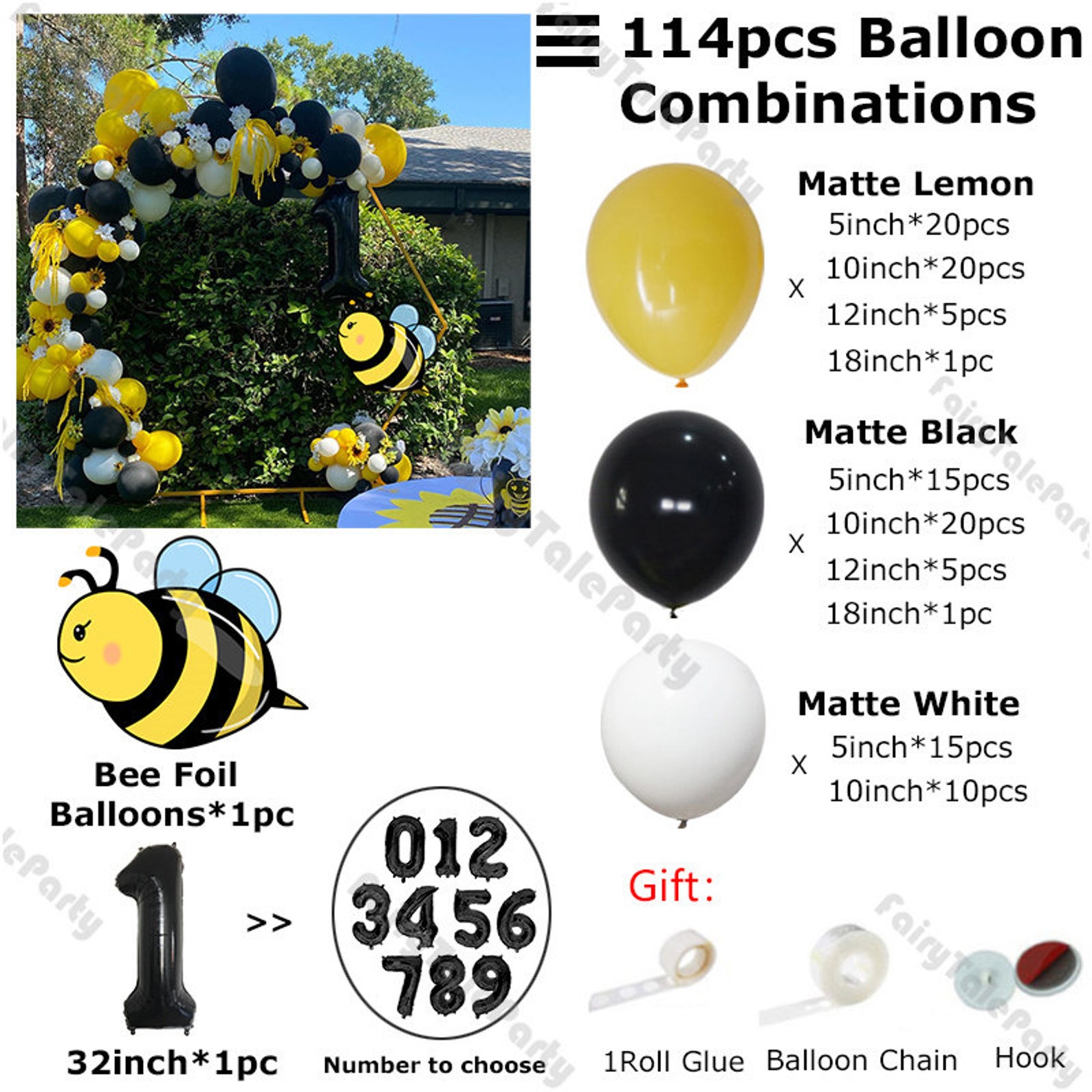 114pcs Bee Day Yellow Balloon Garland Kit Number Balloon 1st Birthday ...