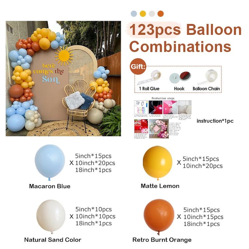 123pcs Here Comes the Son Balloons Garland Arch Set Blue Orange Yellow ...