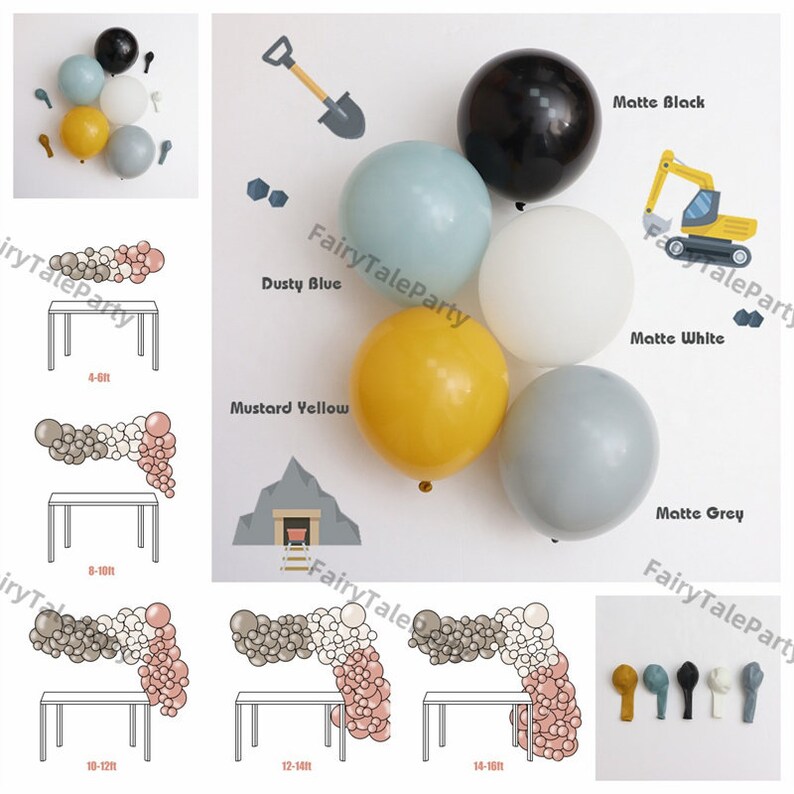Construction Balloons Garland Blue Black Yellow Grey Transportation ...
