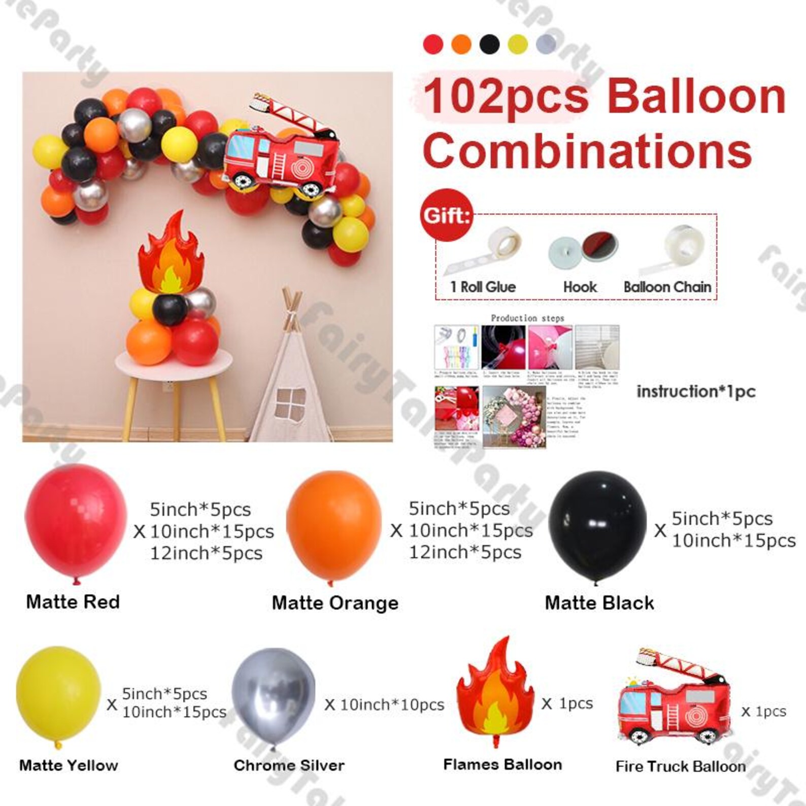 102pcs Firefighter Birthday Decor Balloons | Flame and Fire Truck ...