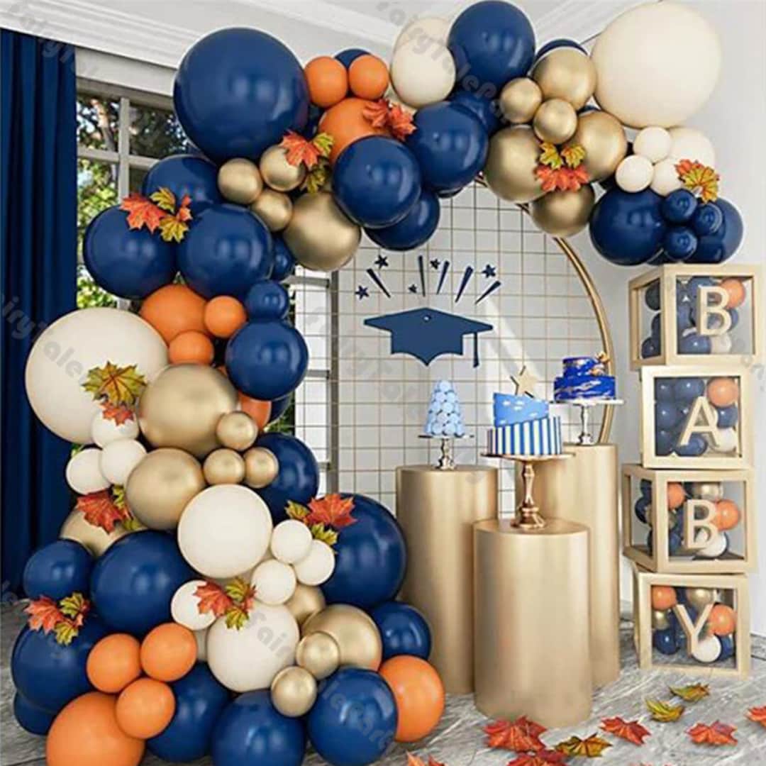 109pcs Luxury Balloon Garland Kit Navy Blue Orange Sand White Chrome Gold Balloon Arch ...