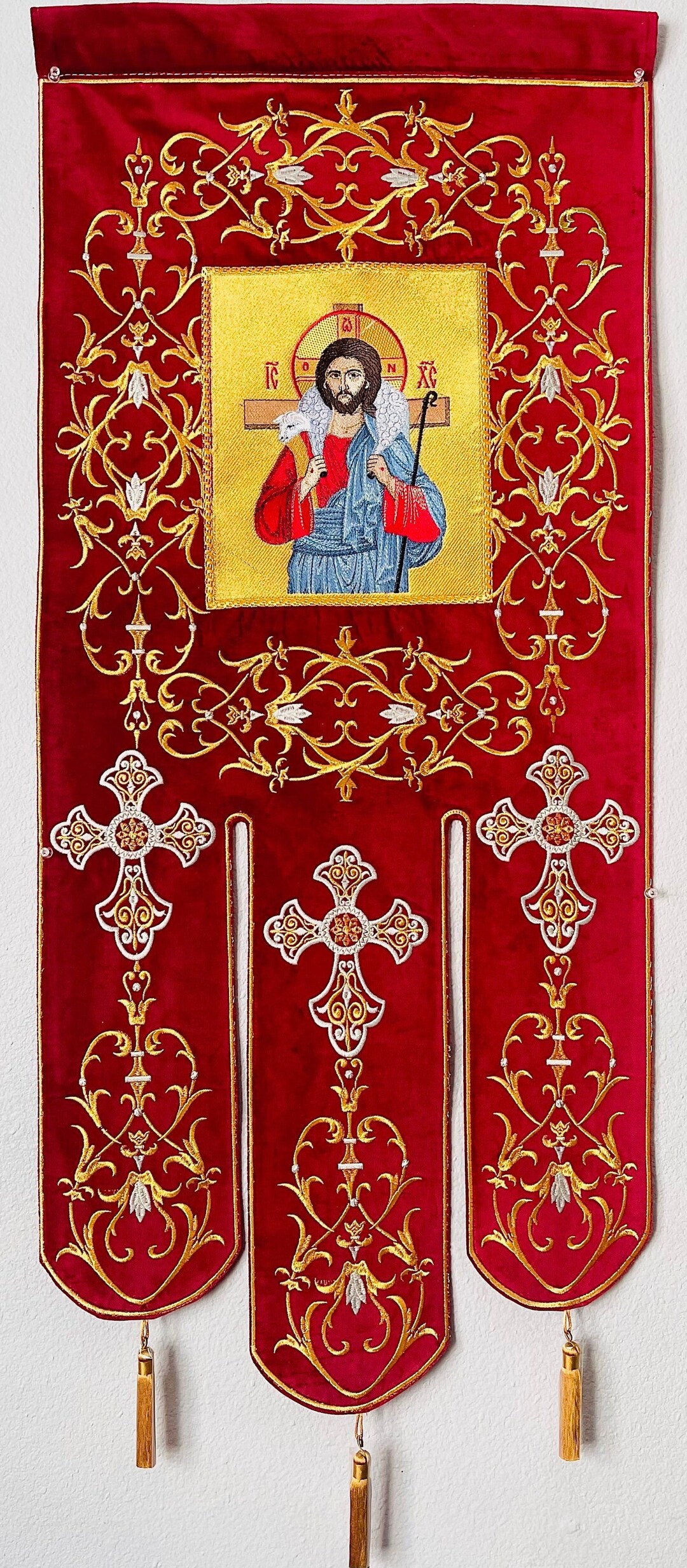 Fully-embroidered Christian Church Banner With Icon of Good Shepherd - Etsy
