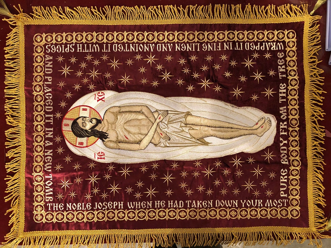 Fully-embroidered Orthodox Church Shroud (epitaphios) of Christ. Small ...