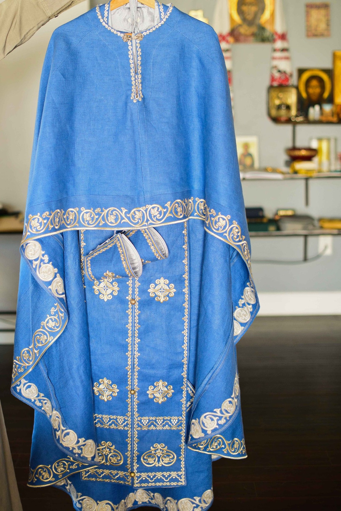 Fully embroidered orthodox priest vestments set Linen blue | Etsy