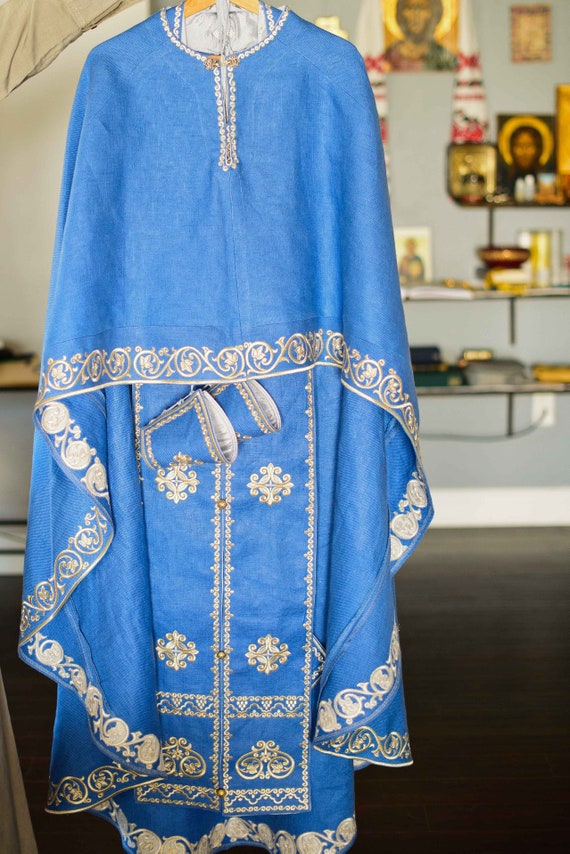 Fully Embroidered Orthodox Priest Vestments Set Linen Blue | Etsy