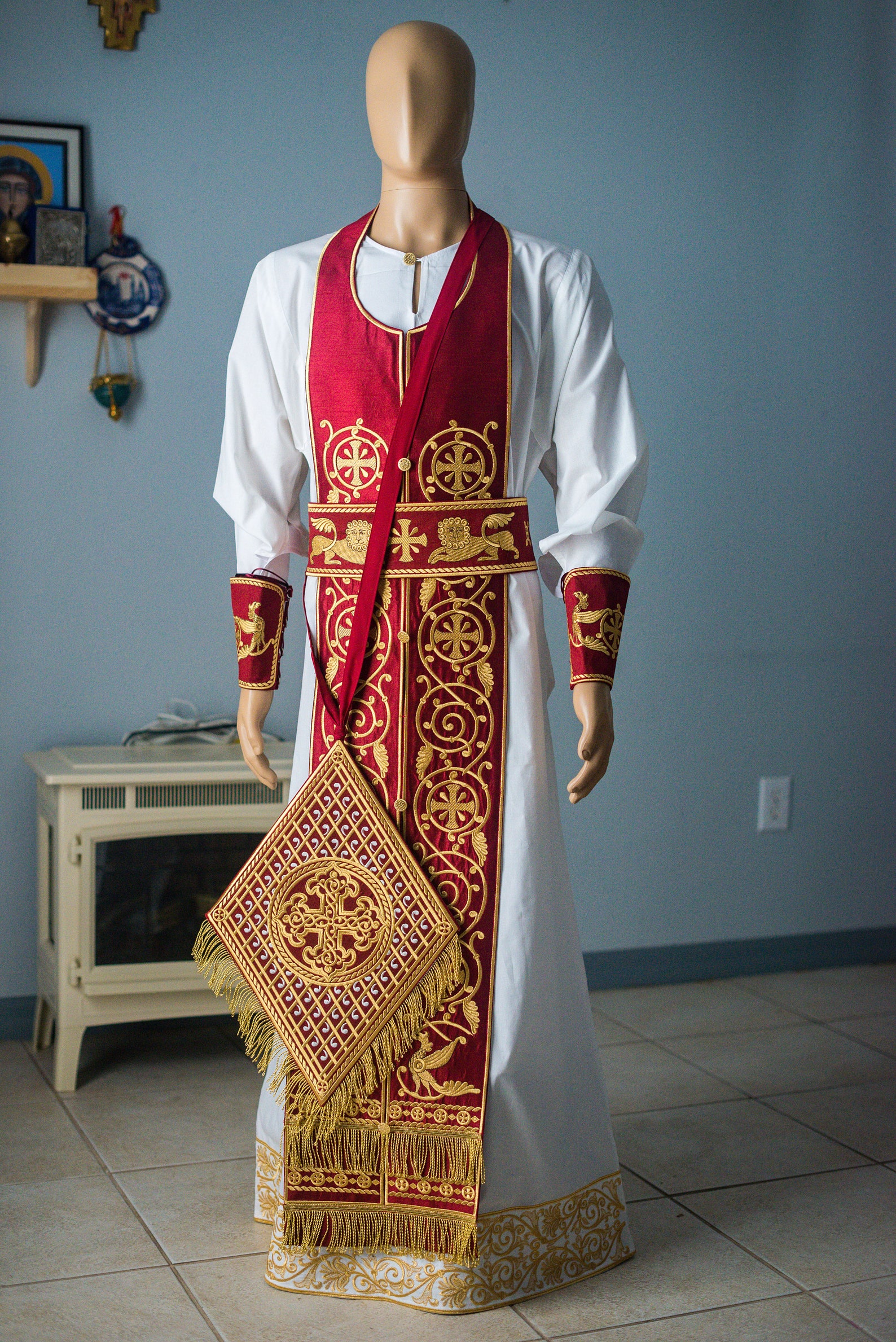 Fully Embroidered Orthodox Priest Vestments Set, Dupioni Silk, Dark Red ...