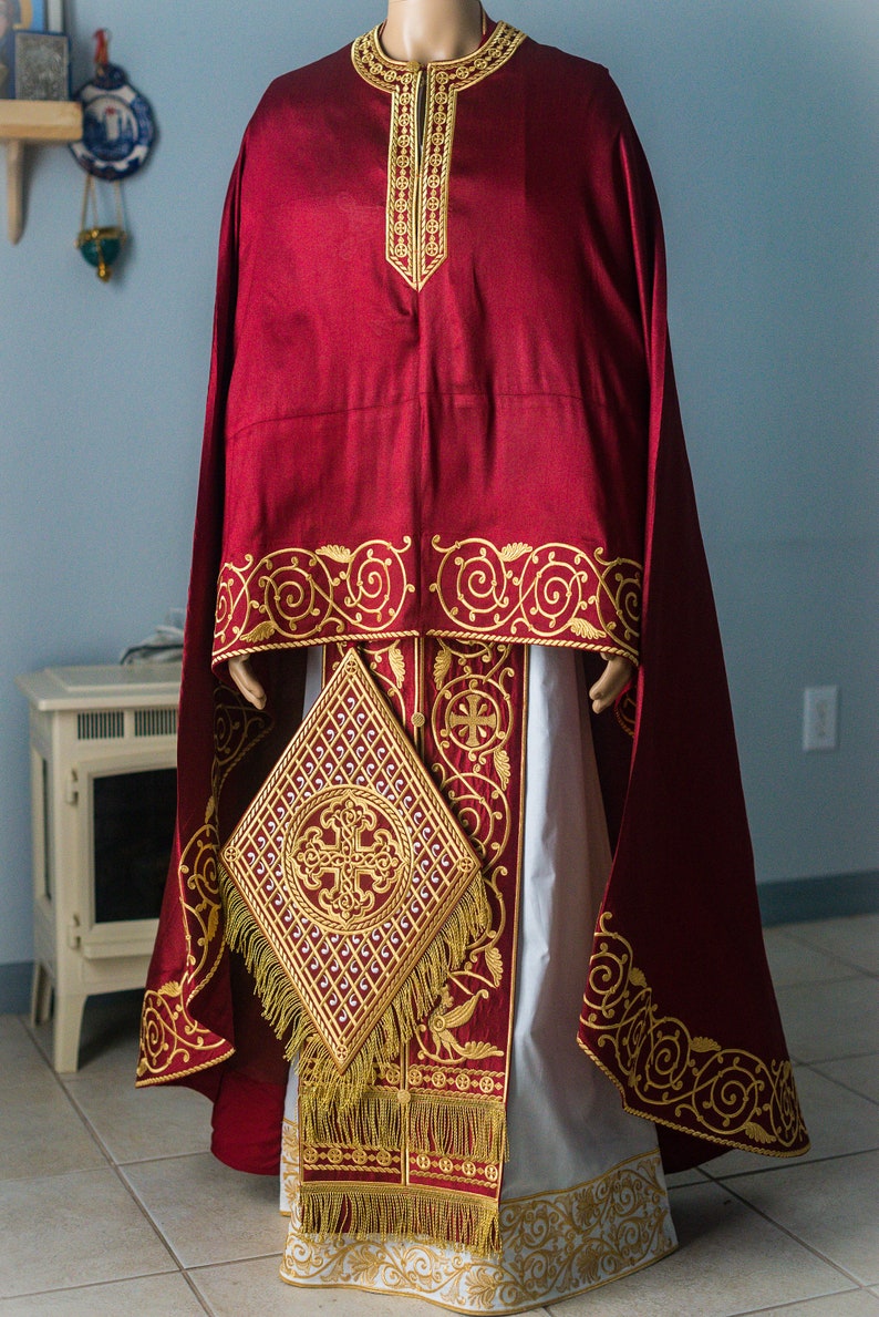 Fully Embroidered Orthodox Priest Vestments Set, Dupioni Silk, Dark Red ...