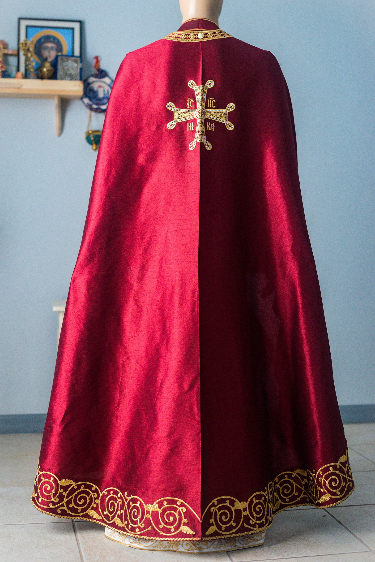 Fully Embroidered Orthodox Priest Vestments Set, Dupioni Silk, Dark Red ...