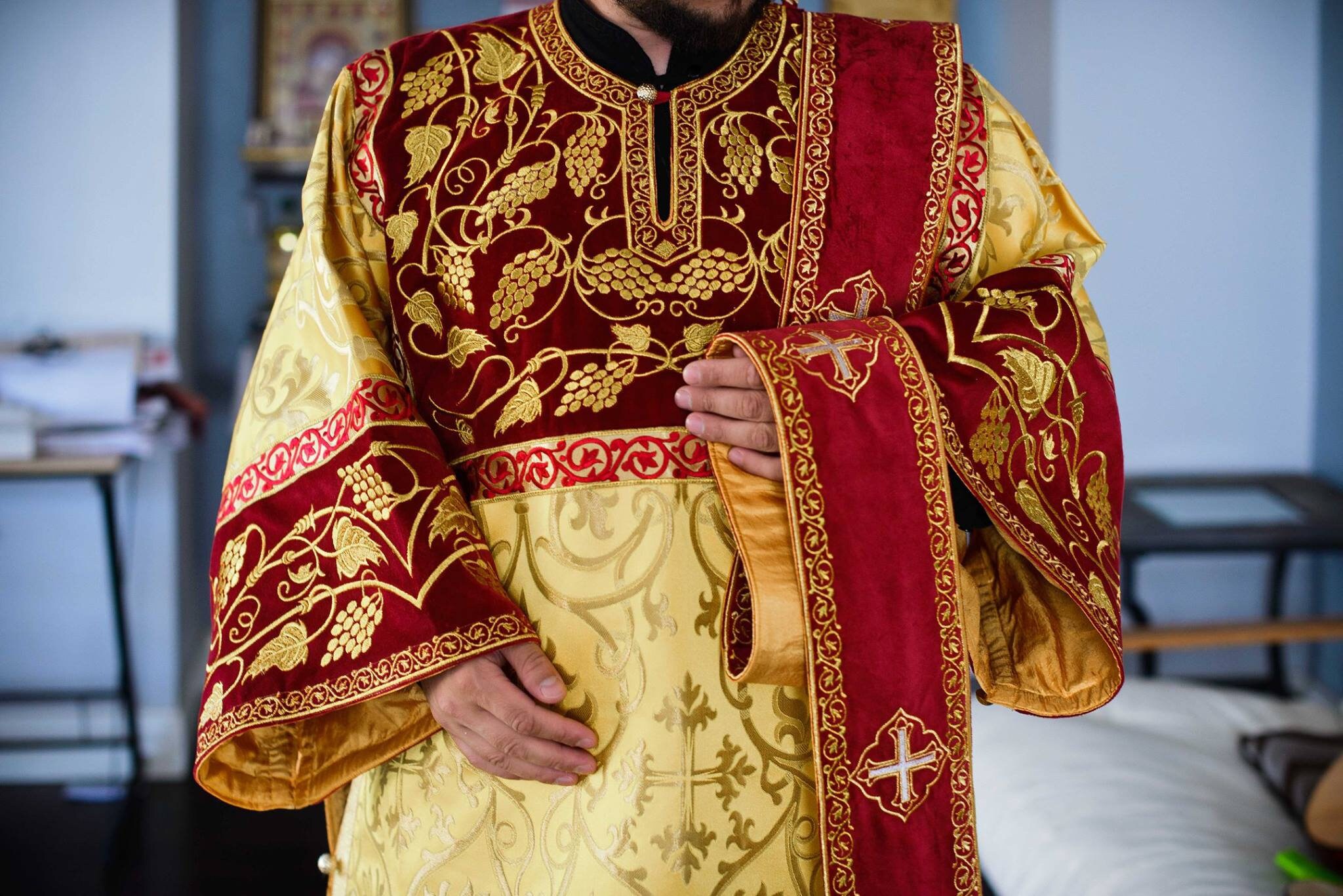Red stykhar with embroidery - podriznik - Orthodox Greek style vestment ...