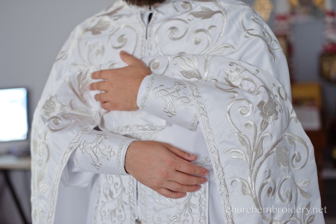 Fully Embroidered Orthodox Priest Vestments Set, White With Silver ...