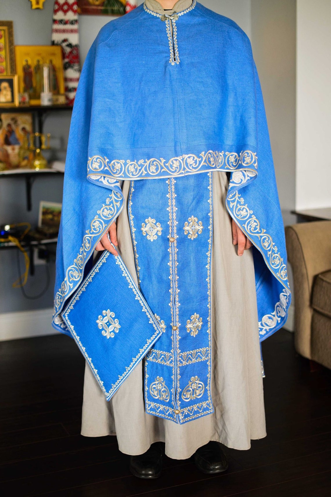 Fully Embroidered Orthodox Priest Vestments Set Linen Blue | Etsy