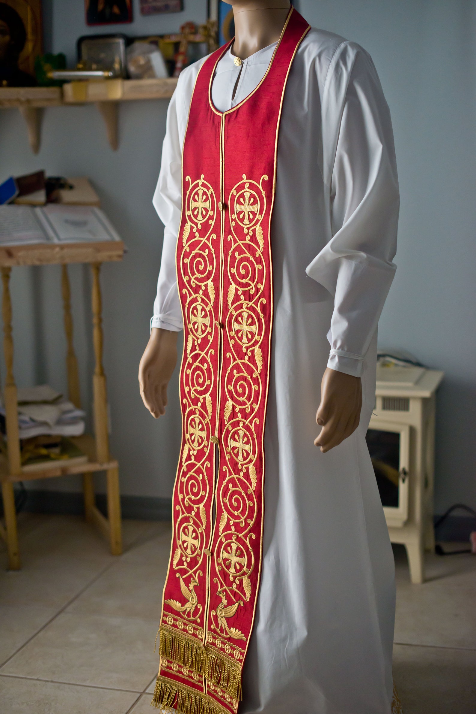 Fully Embroidered Orthodox Priest Vestments Set, Dupioni Silk, Dark Red ...