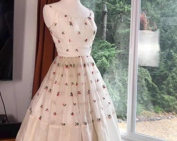 1950s Floral Dress, 50s Summer Dress, 1950s White Dress, 1950s Rose ...