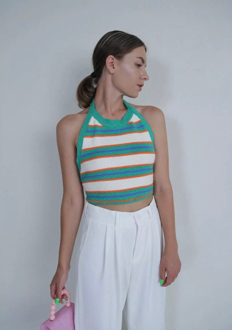 Summer knitted Halter Neck Crop Top Women Backles | Etsy