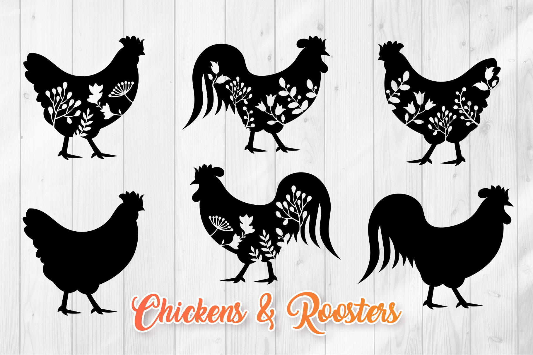 Floral Rooster SVG Chicken Silhouettes Clipart | Etsy
