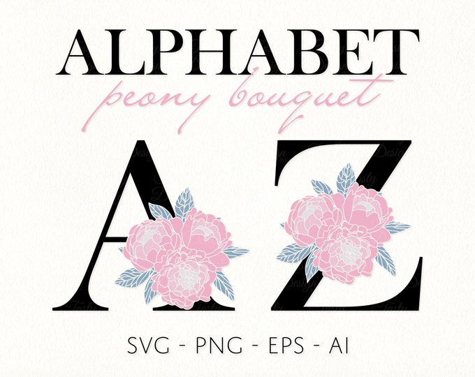 Peony Floral Alphabet SVG, Hand Drawn Botanical Peony Letters, Floral ...