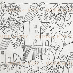 Spring Coloring Page STRAWBERRY VILLAGE Printable Adult - Etsy