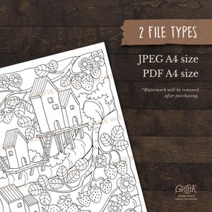 Spring Coloring Page STRAWBERRY VILLAGE Printable Adult - Etsy