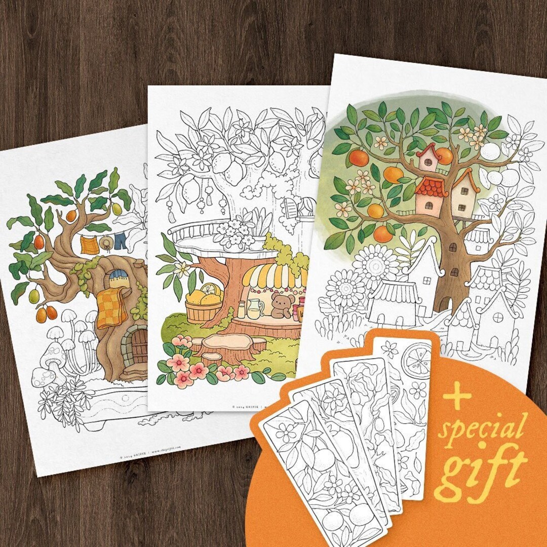 Printable Coloring Pages - CITRUS TREES, Set of 3 Fantasy Coloring ...