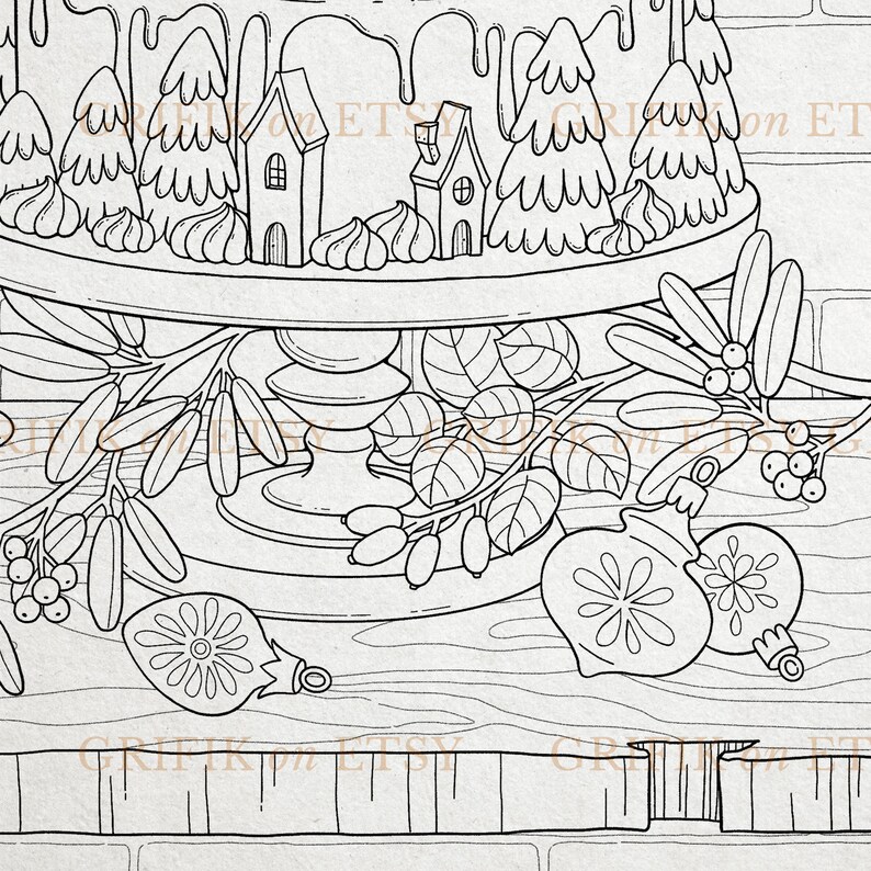 Christmas Cake Coloring Page: Winter Holiday Scene (PDF, JPEG) - Etsy