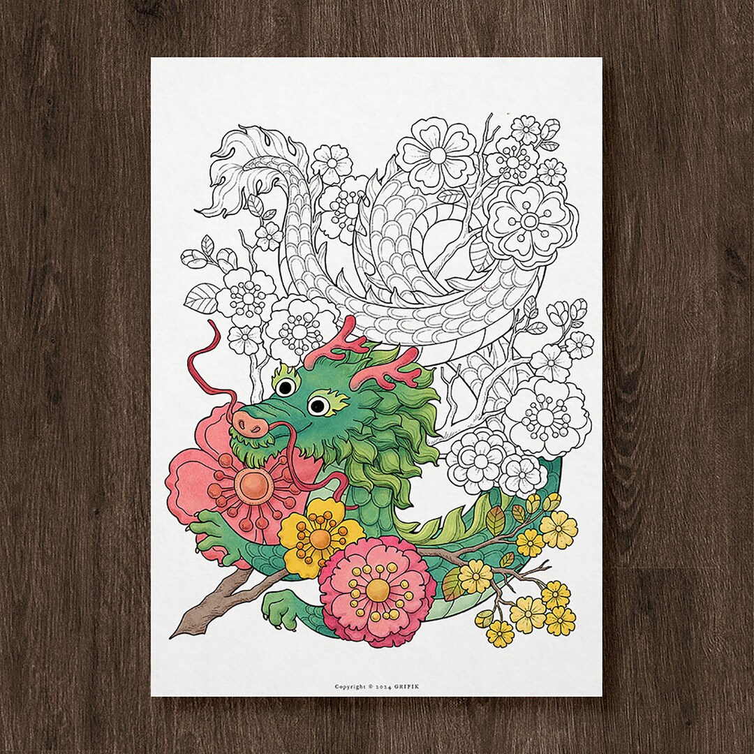 Digital Coloring Page - Lunar New Year Dragon, Adult Fantasy Coloring ...