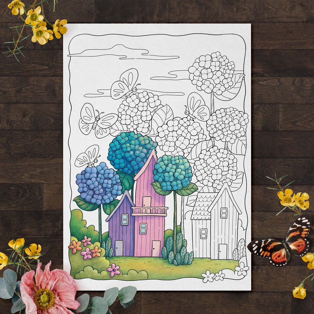 Spring Coloring Page - HYDRANGEA GARDEN, Printable Adult Coloring Page ...