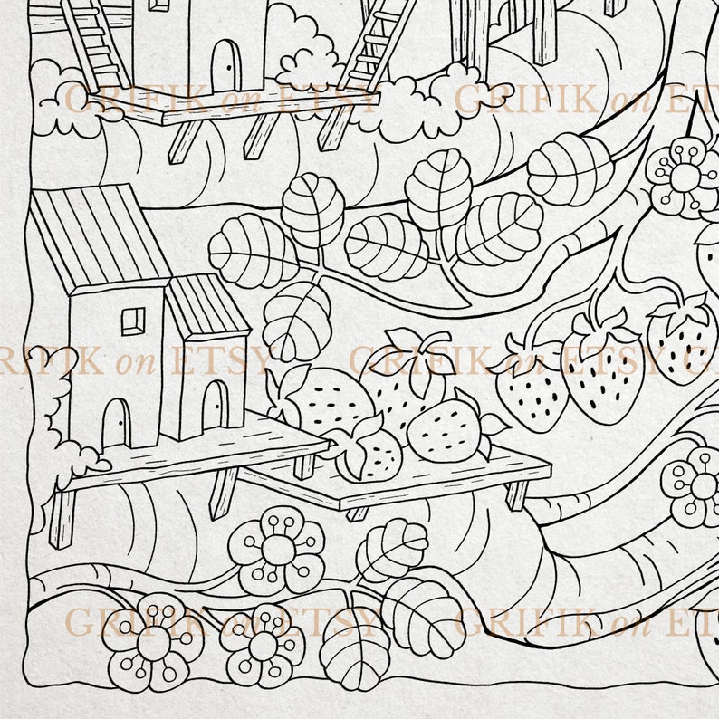 Spring Coloring Page STRAWBERRY VILLAGE Printable Adult - Etsy