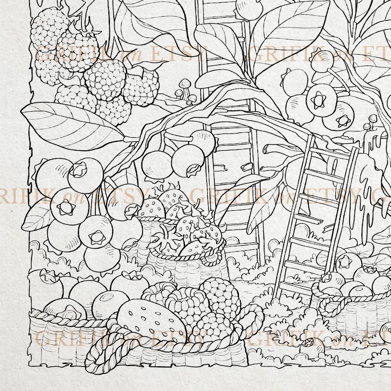 Printable Coloring Page, Berries Harvesting, Instant Download Coloring ...