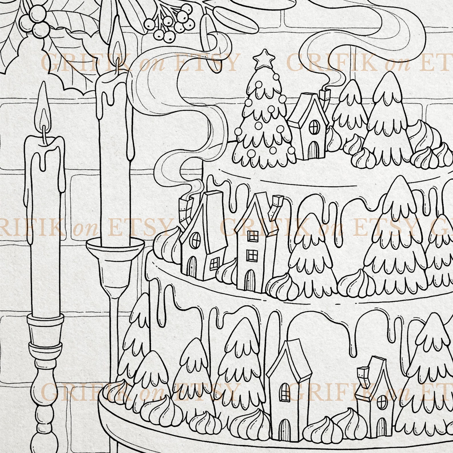 Christmas Cake Coloring Page: Winter Holiday Scene (PDF, JPEG) - Etsy