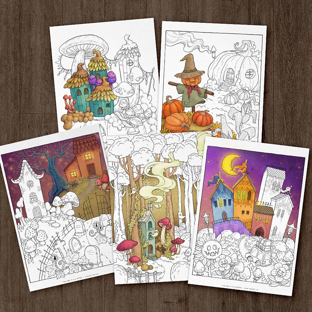 Digital Coloring Page - SPOOKY TOWNS, Set of 5 Pages, Adult Fantasy ...