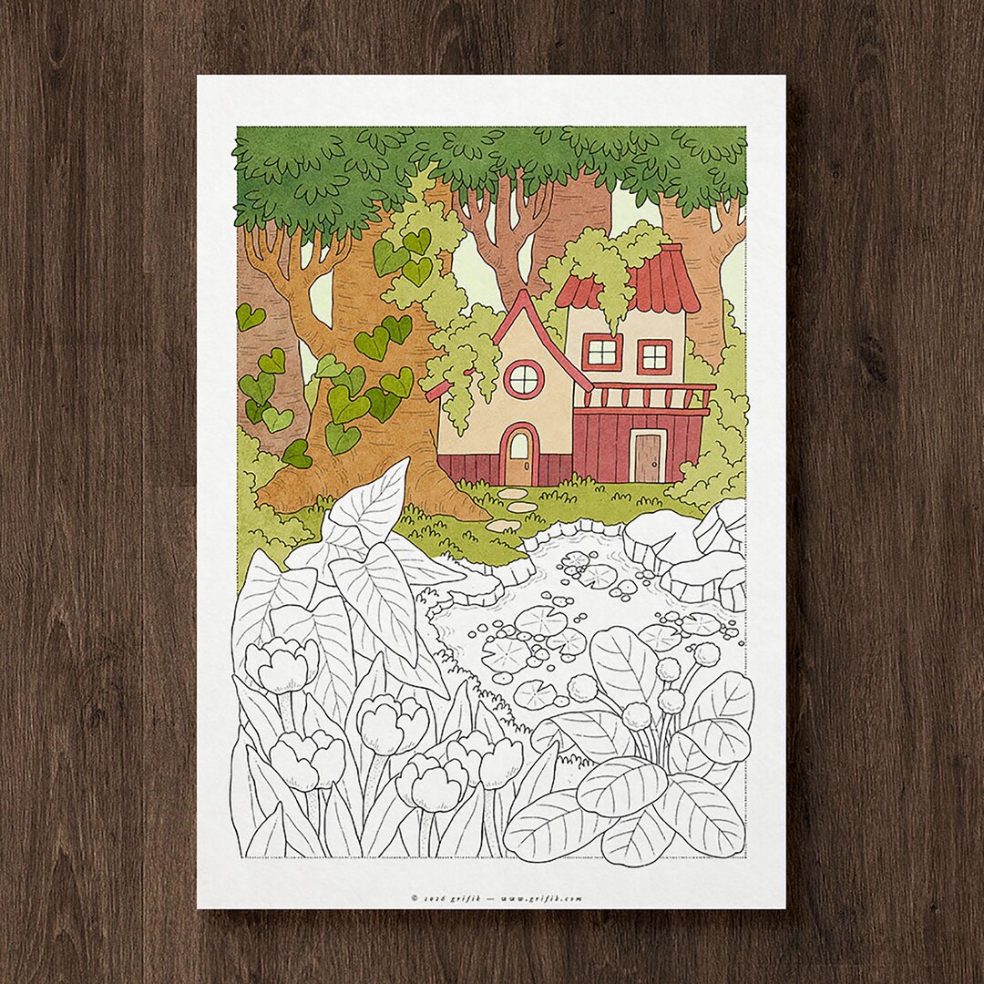 Whispering Woods Cottage Coloring Page: Adult Printable (digital ...