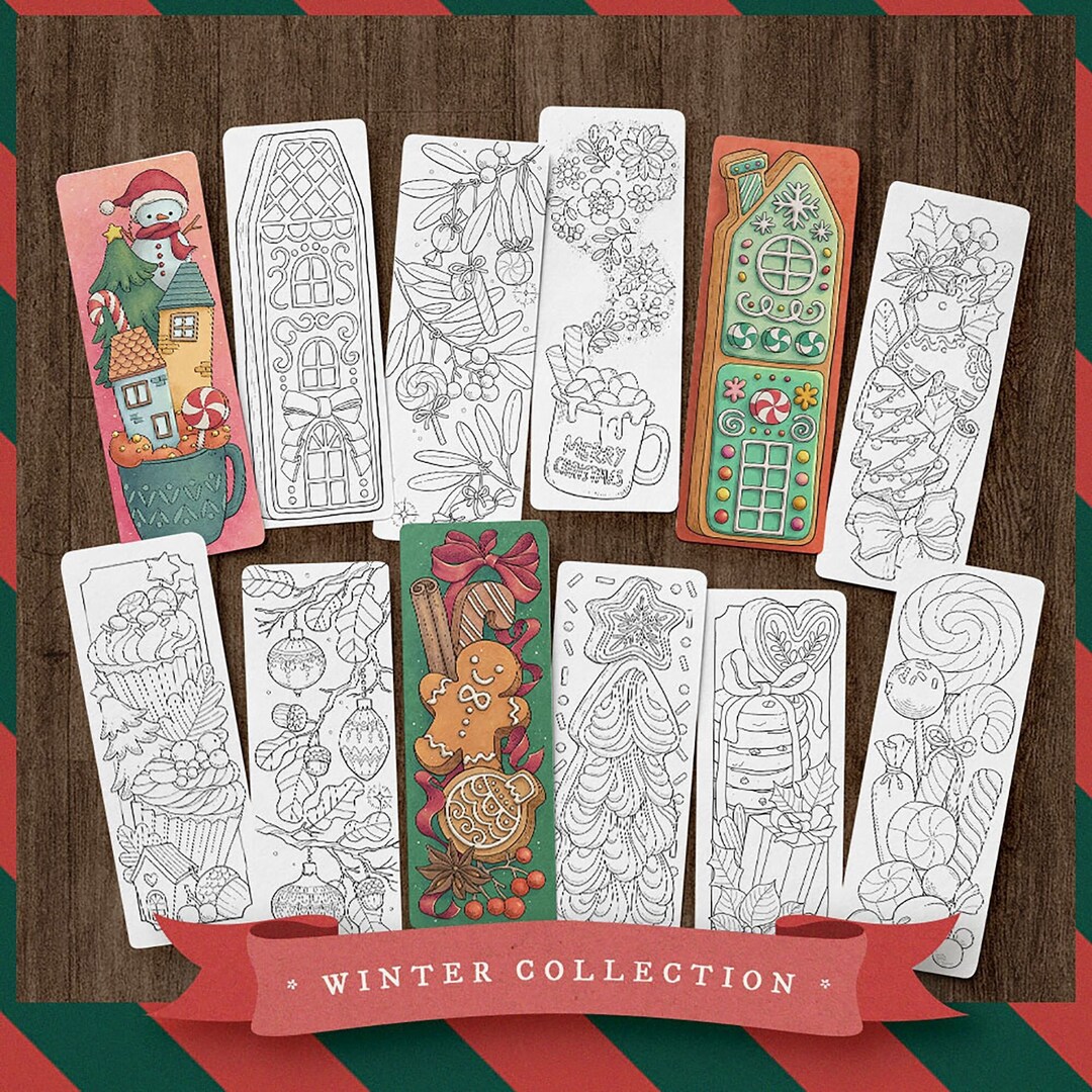 Digital Coloring Bookmarks - Set of 12 Printable Bookmarks, Winter ...