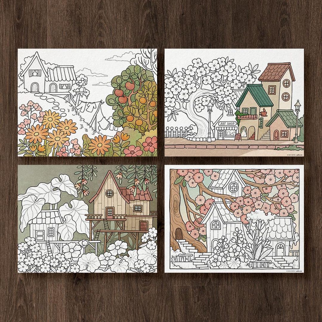 Printable Coloring Page - SPRING TOWN, Set of 4 Digital Coloring Pages ...