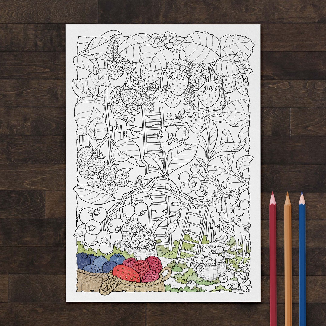 Printable Coloring Page, Berries Harvesting, Instant Download Coloring ...