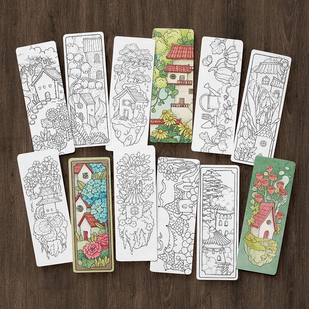 12 Coloring Bookmarks, Set of 12 Printable Bookmarks, FLYING TOWN ...