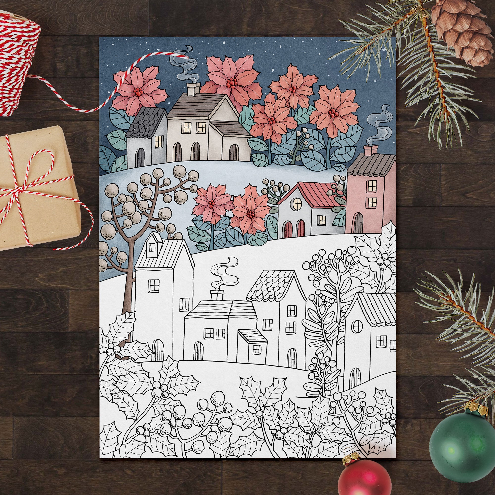 Printable Christmas Coloring Page Winter Village Digital - Etsy
