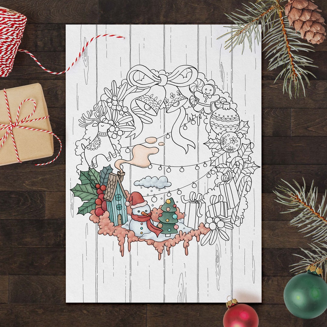 Printable Winter Coloring Page, Christmas Wreath Coloring Page, Digital ...