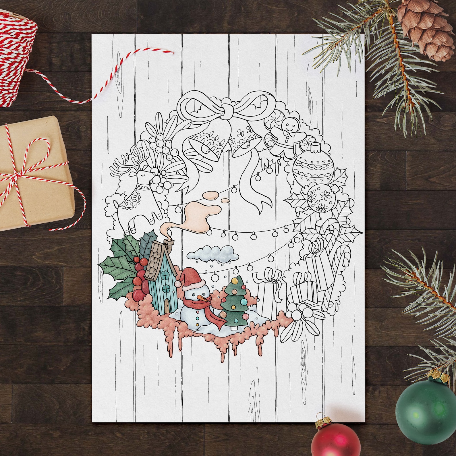 Printable Winter Coloring Page Christmas Wreath Coloring - Etsy