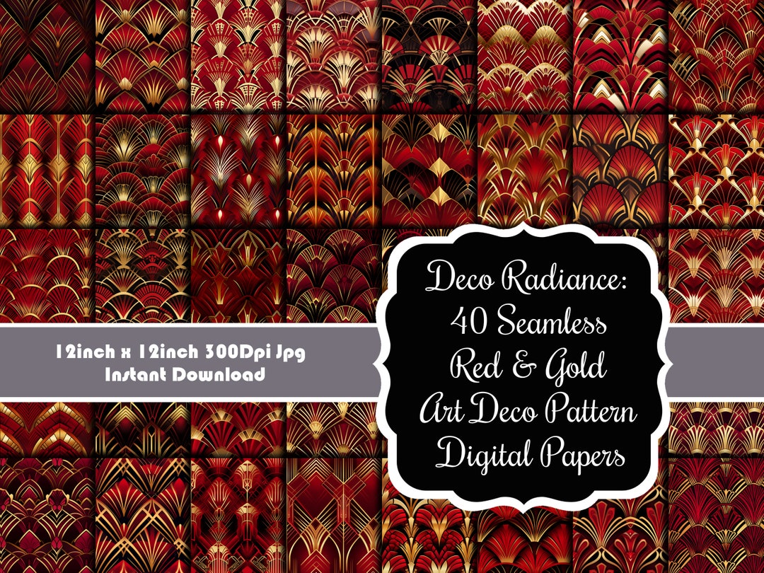 Deco Radiance: 40 Seamless Red & Gold Art Deco Pattern Digital Papers ...